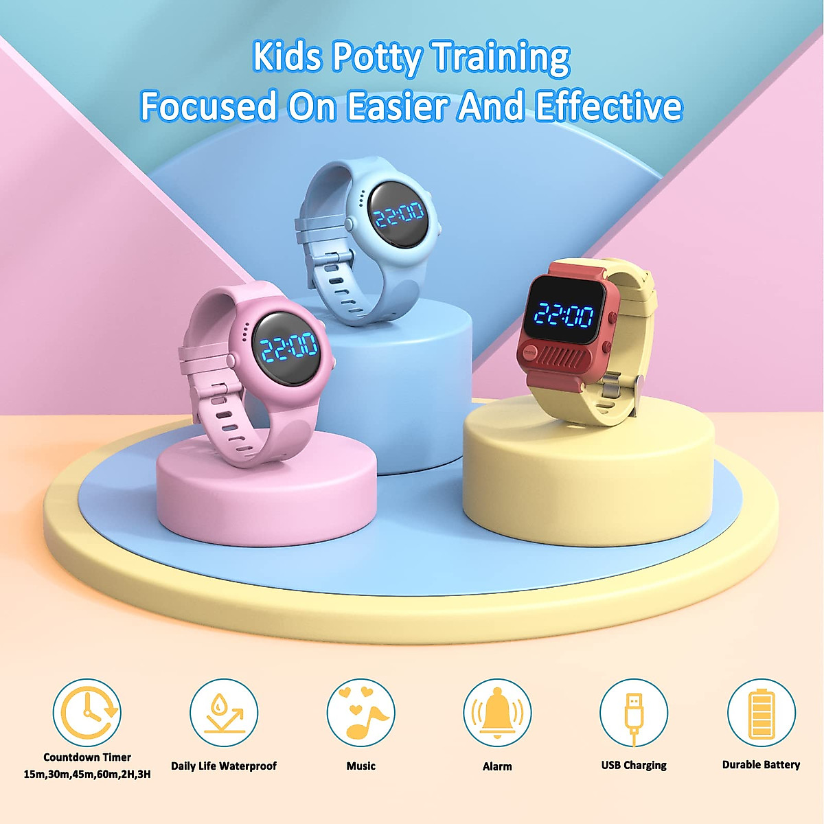 Potty Training Timer Watch for Boys and Girls,Kids Training Toilet Timer Watch,Waterproof,Rechargeable,Music Tones,Automatic Timers Plays Music,Alarm,Baby and Toddler Potty Train Toilet Time Aid