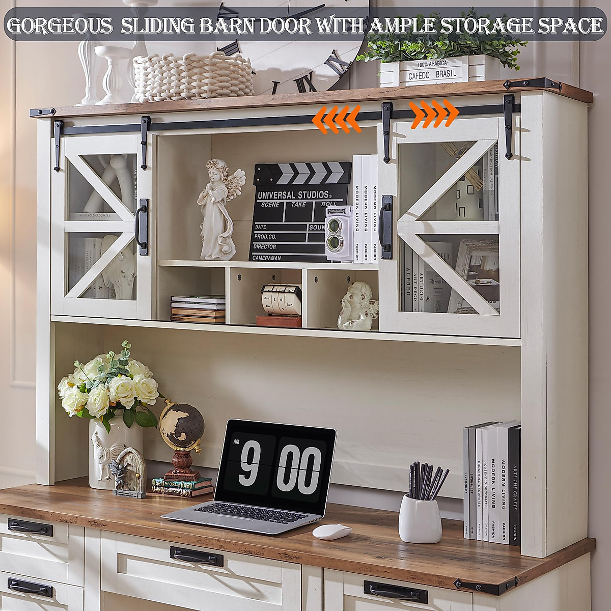 RedLemon 42" Farmhouse Desk Hutch with Sliding Barn Door and Ample Storage/Display Space, Only Match Farmhouse Desk (Antique White)