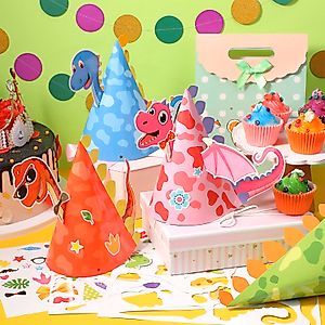 Outus 12 Pieces DIY Dinosaur Party Hats Birthday Party Cone Hats Craft Art Kit Make Your Own Dinosaur Paper Hats DIY Art Kit Home Project Group Activity Games for Boys Girls