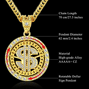 Krfy Gold Money Dollar Sign Chain Necklace For Men Rotatable Rapper Hip Hop Fake Chain 18k Gold Plated Halloween Old School Big Chunky Turnover Punk Style Necklace