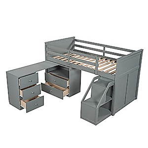 Twin Loft Bed for Kids, Low Study Wooden Loft Bed Frame with Movable Portable Desk and Storage Steps, Low Loft Bed for Kids, Teens (Gray)