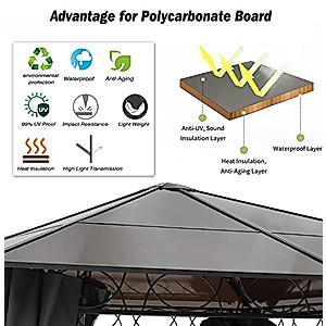 COOSHADE 10×12 Polycarbonate Roof Patio Gazebos Waterproof Outdoor Gazebo with Curtains and Mosquito Netting (Dark Grey)