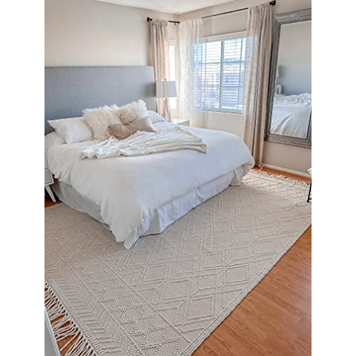 Leonardtown Moroccan Farmhouse Living Room Bedroom Wool Area Rug with Tassel - High Low, Wool - Moroccan Trellis - Hand Woven, Handmade, Beige, Grey, Light Brown - 5' x 7'6"