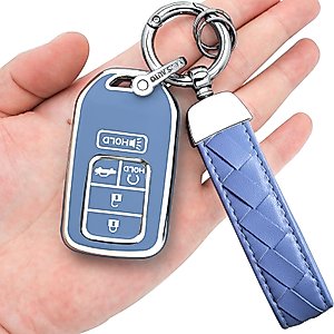 Yonmcfn for Honda Key fob Cover with Leather Keychain,Soft TPU 5 Buttons Key Shell,fit 2018 2019 2020 2021 Civic Accord Pilot CR-V Insight EX EX-L Touring Remote car Key(Blue)