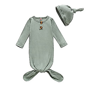 TROSJ Unisex Baby Striped Cotton Sleeper Gowns with Cap Long Knotted Sleeping Bag (Green-B2, 0-3 Months)