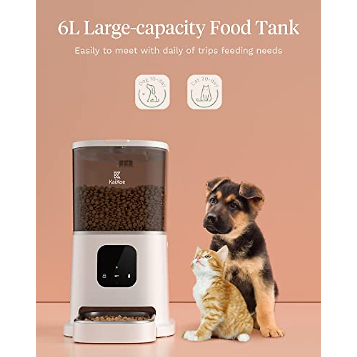 Kaikoe Automatic Cat Feeder, WiFi Enabled 6L Auto Pet Dry Food Dispenser, Smarter App Control, Programmable Meal, Triple Food Preservation Clog-Free Design Pet Feeder for Small/Medium Pets
