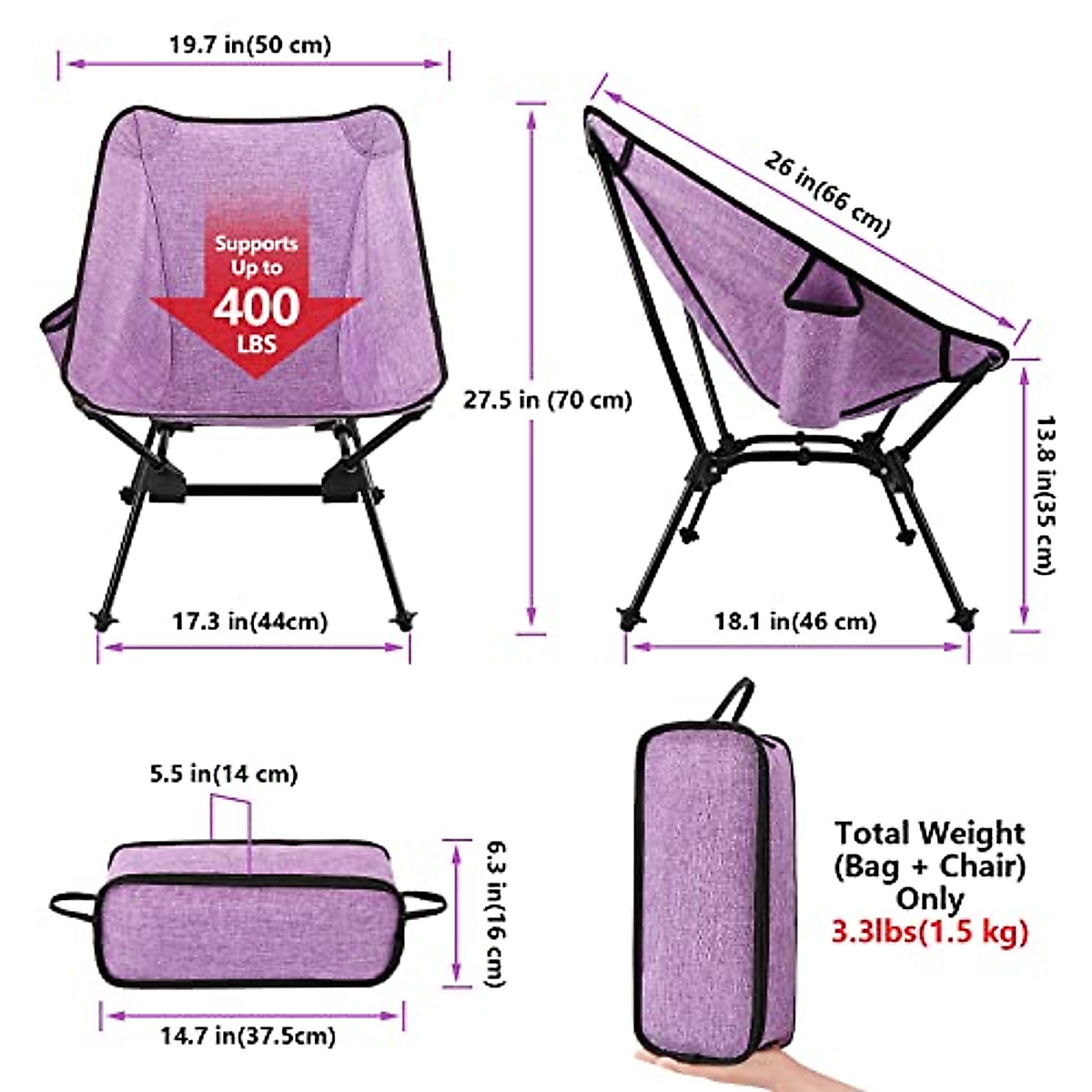 LLCJYYCY Camping Chairs 2023 Upgrade Portable Ultralight Outdoor Folding Chair Compact Backpack Chairs for Outside Beach Lawn Hiking Travel 400 lbs - 1pc Purple