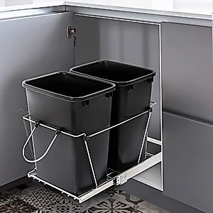 Saicool Pull Out Double Trash Can 35 Quart Metal Sliding System Pullout Shelf for Garbage Bin- Adjustable Under Counter Garbage Can Recycling Bin for Kitchen Cabinets