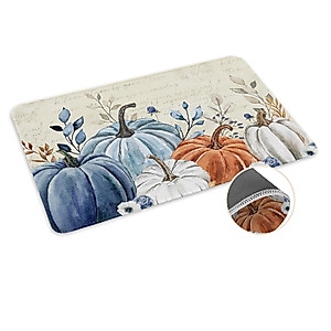 Fall Doormat Blue Pumpkin Welcome Mat Entrance Floor Mat Flower Leaves Vintage Seasonal Autumn Harvest Thanksgiving Door Mat Indoor Outdoor Entrance Floor Mat Non Slip Rubber Mat 20 x 32 inch