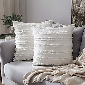 MIULEE Set of 2 Decorative Boho Throw Pillow Covers Linen Striped Jacquard Pattern Cushion Covers for Sofa Couch Living room Bedroom 18x18 Inch White