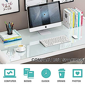 IPKIG 55.1Inch Tempered Glass Computer Desk w/Glass Top Metal Frame, Office Desk Computer Table Modern Office Study Work Writing Desk Table for Home Office Personal Workstation (White-55.1 Inch)
