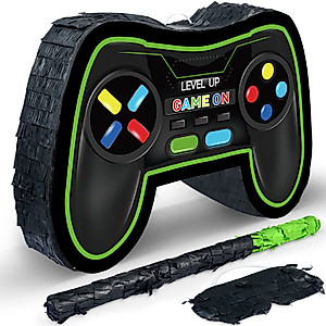 Video Game Controller Pinata Bundle Fiesta Gaming Controller Pinata Set with Blindfold and Bat Kids Birthday Gamer Party Supplies Game Toy for Kids Gaming Theme Party Carnival Events Decor (Green)