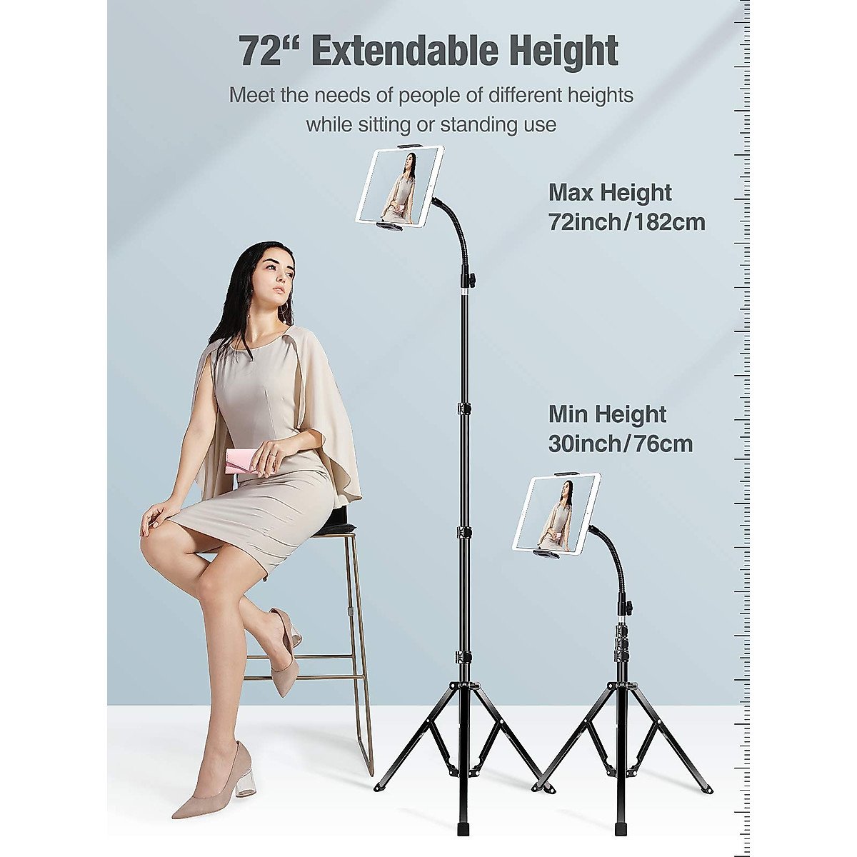 elitehood Metal iPad Tripod Stand & Adjustable 72’’ Gooseneck Tablet Floor Stand Holder, Heavy Duty Aluminum iPad Floor Stand for iPad Pro 12.9 11, Mini, Air, iPhone and 4.7-12.9" Tablets Cell Phones