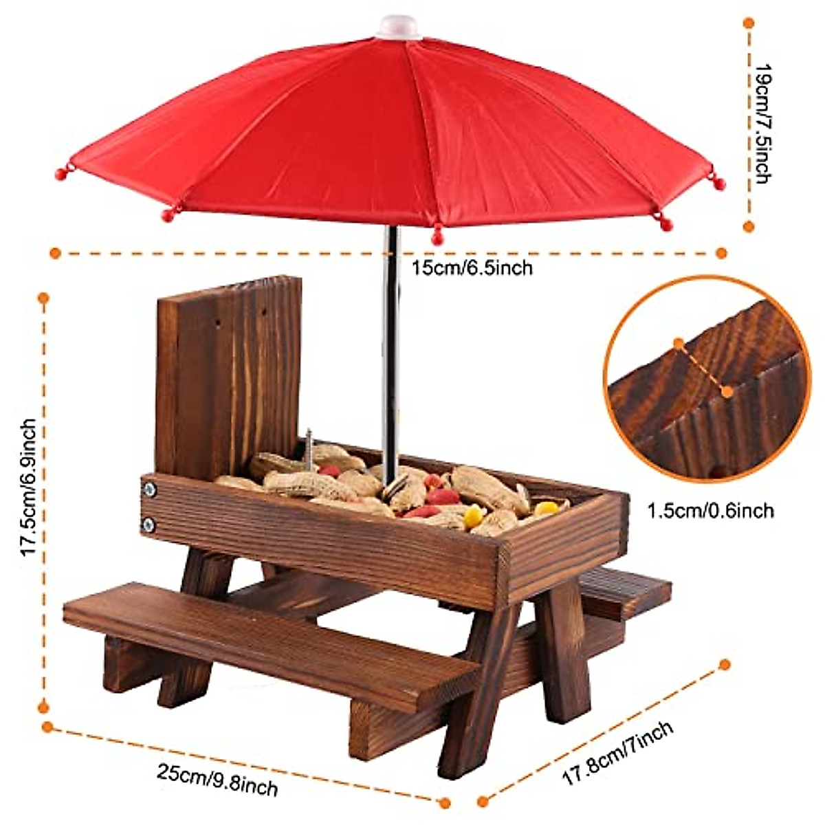 Squirrel Feeder Picnic Table with Umbrella, Wooden Squirrel Feeders for Outside with Corn Cobs, Cute Chipmunk Feeder with Solid Structure for Squirrel Gift (red)
