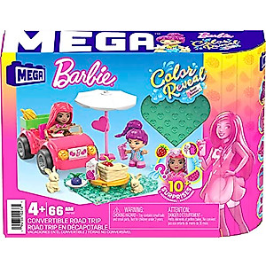 MEGA Barbie Color Reveal Building Toy Car Playset, Convertible Road Trip With 66 Pieces, 10 Surprises, Accessories, Kids Age 4+ Years