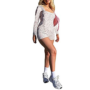 Karwuiio Women Y2K Slim Fit Rompers V Neck Button-Down Long Sleeve Floral Sexy Jumpsuit Shorts Bodysuit (Pink, L)
