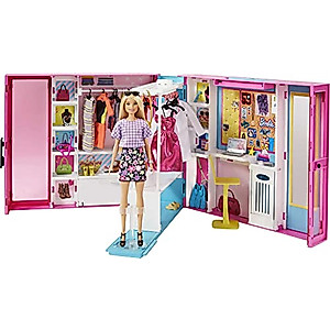 Barbie Dream Closet with Blonde Doll & 25+ Pieces, Toy Closet Expands to 2+ ft Wide & Features 10+ Storage Areas, Full-Length Mirror, Customizable Desk Space and Rotating Clothes Rack