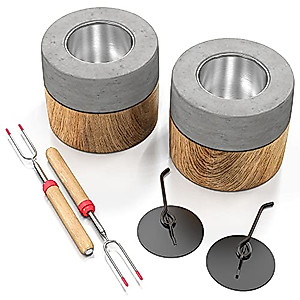 2 Pack Gardenix Decor Concrete Tabletop Fire Pits Round Wood Design; Burns Ethanol and Multiple Fuels; 2 Extending Marshmallow Roasting Stick Forks; Table Top Fire Pit Bowl / Mini Tabletop Fireplace