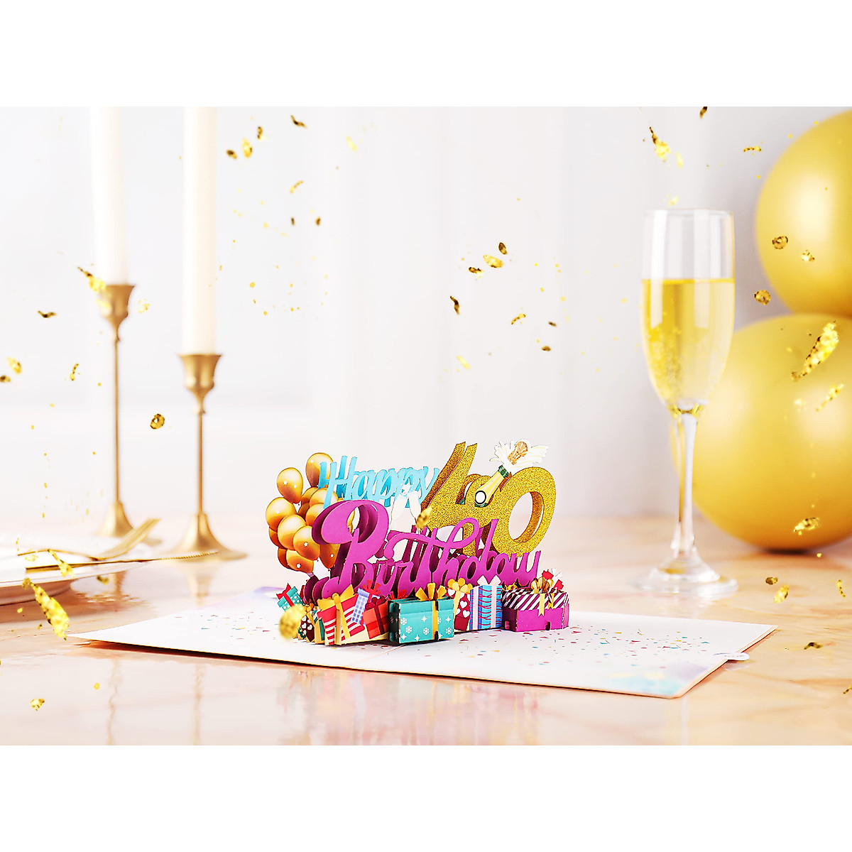 Liif Happy 40th Birthday 3D Greeting Pop Up Card, 40th Birthday Card For Women, Men, Husband, Wife, Son - Funny, Congratulations, Celebration, Balloons, Champagne | With Message Note & Envelop
