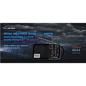 NOAA Weather Radio SilvaBRYSON, Emergency AM/FM Battery Operated Handheld Radio with Speaker and Best Reception for Hurricane, Home, Running. Convenient Headphone Jack, Operated by 2AA Battery.