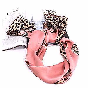 ANDANTINO 100% Pure Mulberry Silk Scarf 43" Large Square Lightweight Headscarf& Shawl–Women Hair Wraps-With Gift Packed (Leopard Print-Pink)