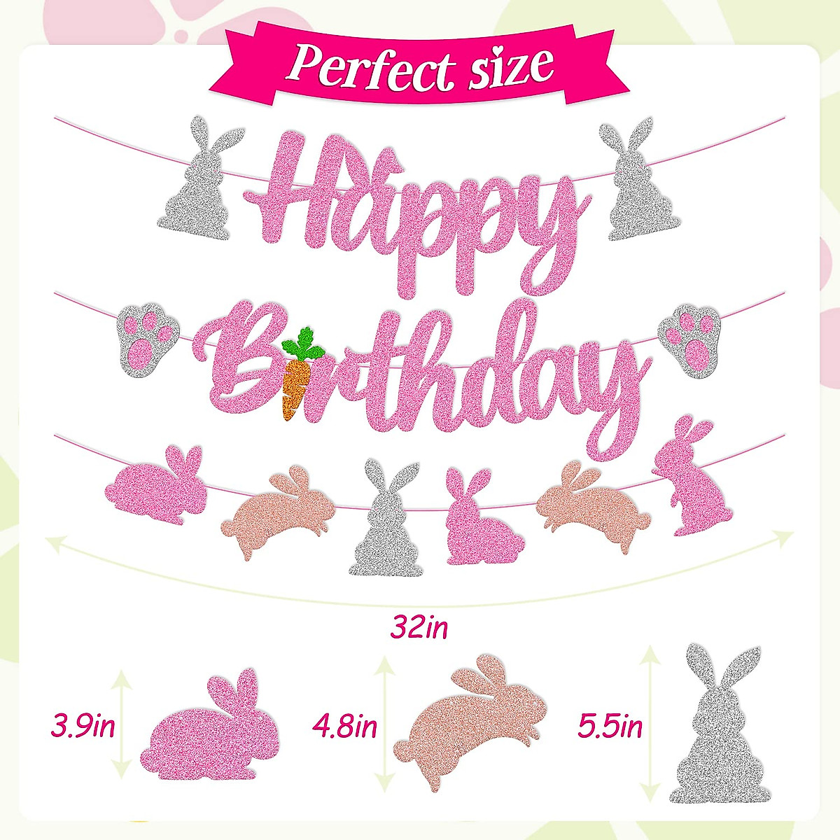 Bunny Birthday Banner Rabbit Bday Party Decorations Bunny Paw Ears Carrot Easter's Day Theme for Kids Boy Girl Baby Shower Party Supplies (Pink)