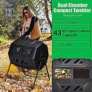 Squareful 43 Garden Compost Bin, 43 Gallon Dual Chamber, Composting Tumbler w/ 2 Sliding Doors & Steel Frame, Large Capacity, Rustproof for All Weather
