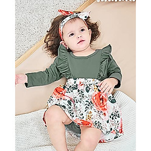 OLLUISNEO Newborn Baby Girl Dress Infant Romper Outfits Ruffle Long Sleeve Dresses Baby Green Dress Fall Baby Girl Clothes 0-3 Months