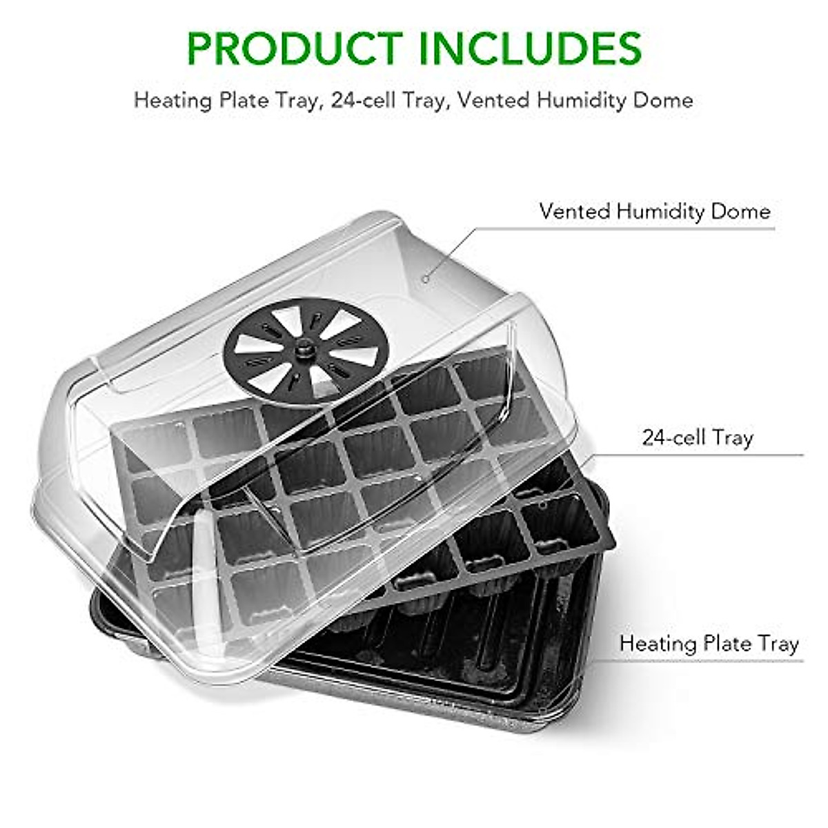 iPower Heating Seed Starter Germination Kit Seedling Propagation Tray with Heater and 5in Vented Humidity Dome, 1-Pack, Black&Transparent