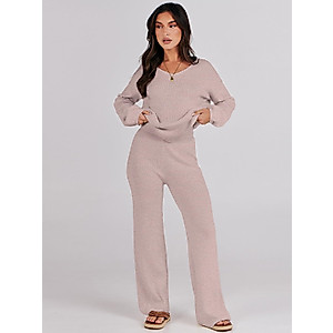ANRABESS Women 2 Piece Outfits Sweater Lounge Sets Long Sleeve Cable Knit Pullover and Wide Leg Pants Tracksuit Matching Set Large