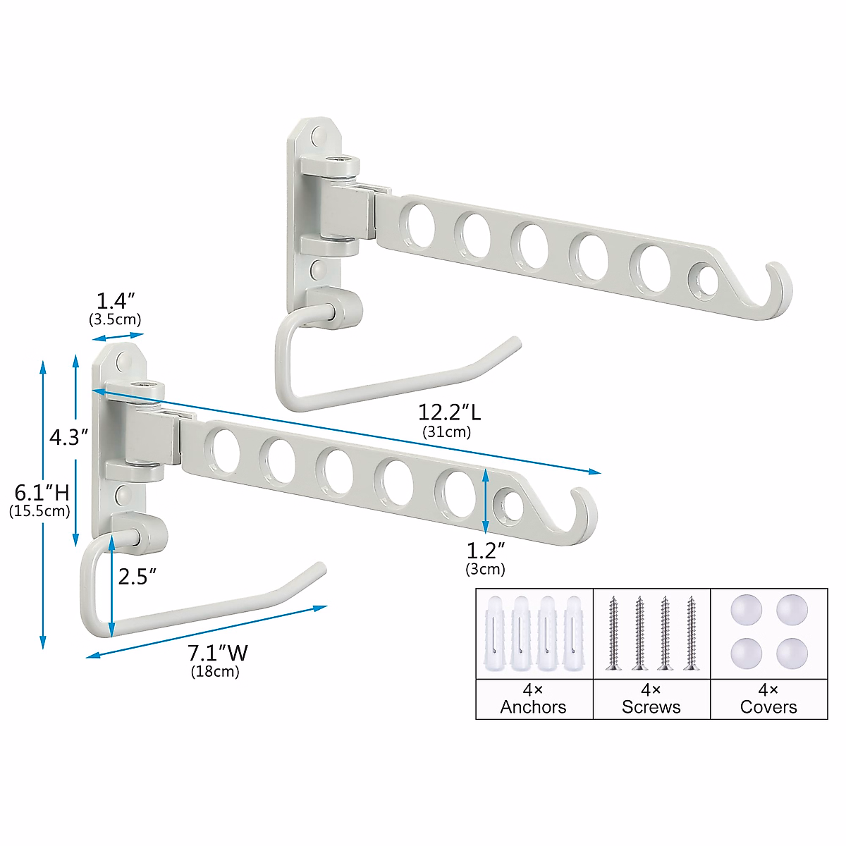 VICSKY Wall Mounted Small Drying Rack with Bar, 180° Swing Arm and 90°Folding, Laundry Room Dryer Rack, Sturdy Hanging Clothes, Safe Valet Hook, Solid Aluminum (White, 2Pack)