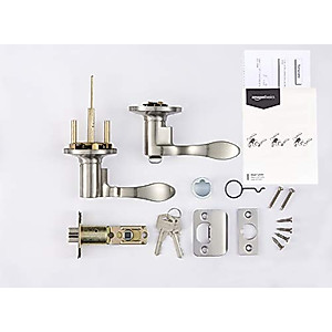 Amazon Basics Shelby Door Lever with Lock, Entry, Satin Nickel