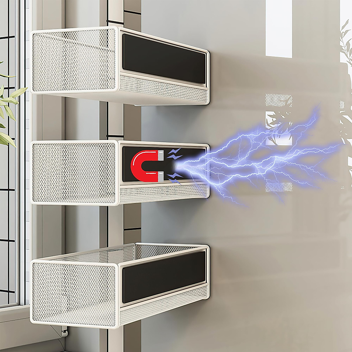 LIFEFAN Magnetic Basket Organizer Holder for Fridge Magnetic Storage Bin Box Containers for Refrigerator Whiteboard Classroom (Large, Black)