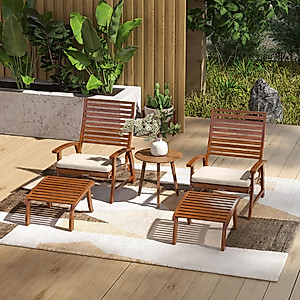 Outsunny 4 Piece Patio Furniture Set, 2 Chairs with Cushions & Ottomans, Outdoor Chair Set for 2 with Footstools, Slatted Acacia Wood Seat & Backrest, Cream White