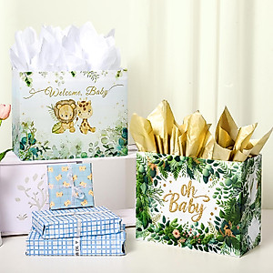 YANGTE 2 Pack 13" Large Baby Gift Bag for Baby Shower, Reusable Non-Woven Baby Gift Wrap Bags with Tissue Paper and Greeting Card for Boy and Girl Baby Shower Party