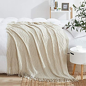 MOLLY ROCKY 100% Acrylic Knitted Throw Blanket Textured Solid Soft Decorative Throw for Sofa,Couch,Bed,50x60 Inch,Beige