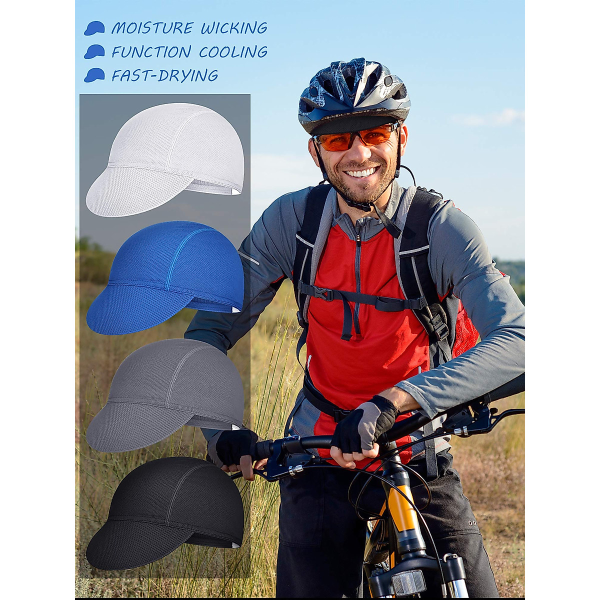 4 Pieces Summer Unisex Cycling Cap Breathable Bicycle Caps Sweat-Absorbing Biking Caps for Women Men Running Outdoor Sports (White, Grey, Black, Blue)
