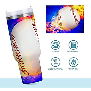 ODAWA 30 Oz Baseball Flames Blue Insulated Tumbler Cup with Lid and Straw, 2 in 1 Lid Insulated Stainless Steel Tumblers