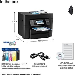 EpsonWorkforce Pro WF-4833 Color Inkjet Printer - Wireless All-in-One, Print, Scan, Copy, Fax - Ethernet, 25ppm, Auto 2-Sided Printing, 50-Sheet ADF - High Productivity Quality, Nowco Cloth
