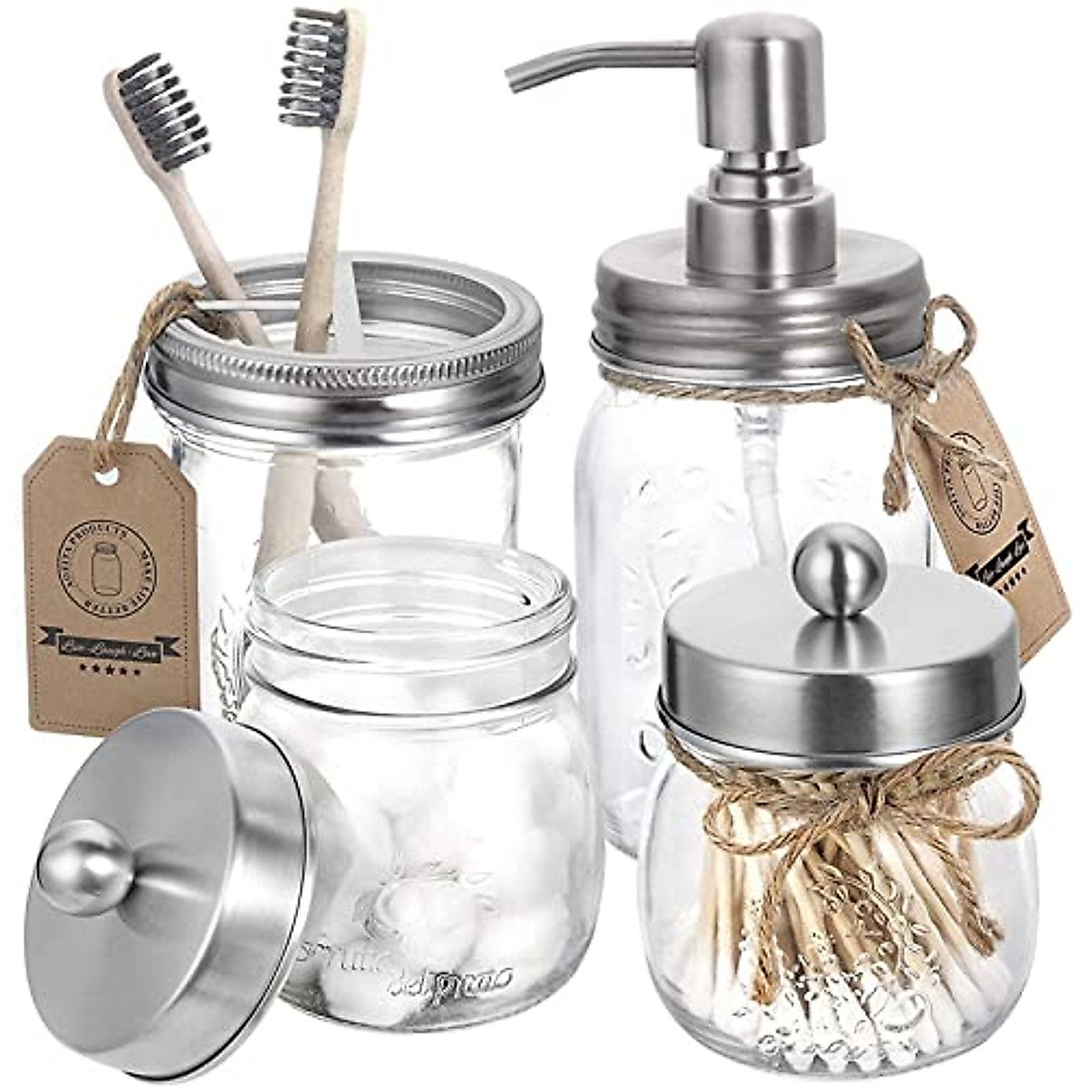 kuangMEIX Mason Jar Bathroom Accessories Lids Set(4Pcs),Jars Not Included Foaming Soap Dispenser & 2 Apothecary Jars & Toothbrush Holder for Regular Mouth Rustic Farmhouse Decor Bathroom Countertop