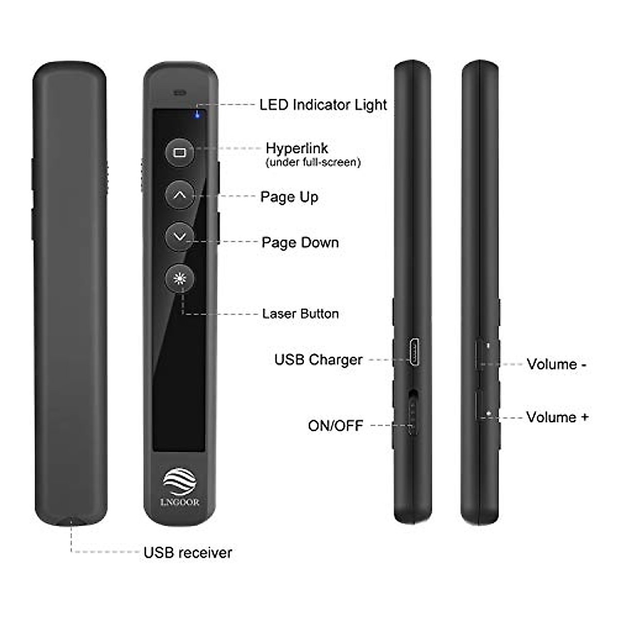 Presentation Clicker, LNGOOR Presentation Remote Rechargeable RF 2.4GHz Wireless Presenter Powerpoint PPT Keynote Slide Clicker with Laser Pointer Support Hyperlink