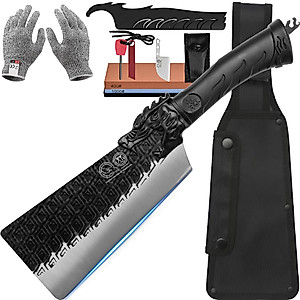 XYJ Authentic Since 1986,Vegetable Chopping Knife,Slice Chef Knives With Carry Bag,Holder,Whetstone,Slaughter Butcher Knife For Kitchen Camping Chopper,Full Tang,High Carbon Steel (8.5 Inch)