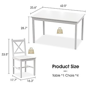Alohappy Dining Table Set for 4, 5 Piece Kitchen Table Set with 4 Chairs Pine Wood Dining Table Rectangle Breakfast Table and Chairs for Small Space, Space-Saving & Easy Assembly (White)