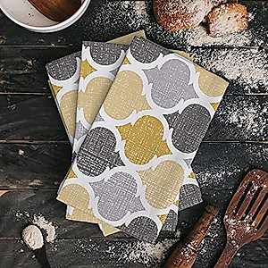 Segard Kitchen Towels Dish Towel Set of 2,Yellow Grey Moroccan Texture Absorbent Hand Towels Cleaning Dishcloth Tea Towels,Retro Linen Geometric Art Reusable Drying Dish Cloths