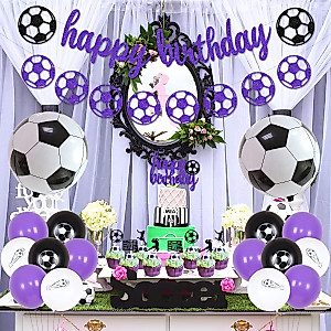 Sursurprise Soccer Birthday Party Decorations for Girls Purple Soccer Birthday Banner Garland Cake Topper Balloon for Sports Theme Birthday Party Supplies