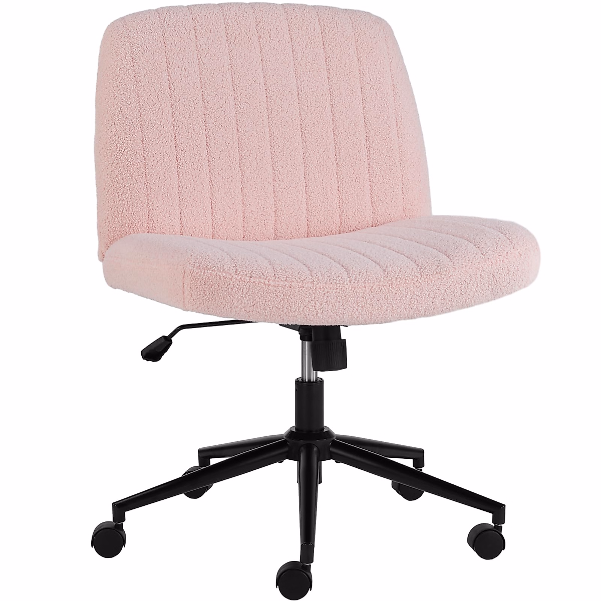 Criss Cross Legged Chair with Wheels, Home Office Desk Chair Wide Seat Fabric Armless Height Adjustable 360° Swivel Chair for Vanity/Work, Faux Fur Pink