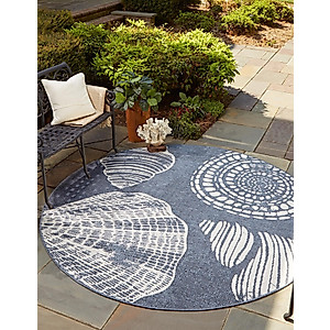 Unique Loom Outdoor Coastal Collection Area Rug - Bodrum (7' 1" Round, Navy Blue/ Ivory)