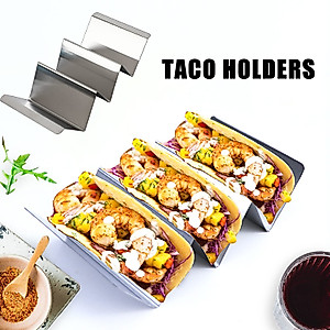 5 PCS Pancake Mold Sets, 3 Pcs Egg Circles for Frying Eggs, 2 PCS Taco Shell Holder Stand, Rack Holds Up to 3 Tacos, 4 Inch 6 Inch 8 Inch Griddle Egg Ring with Silicone Handle for Breakfast Sandwiches