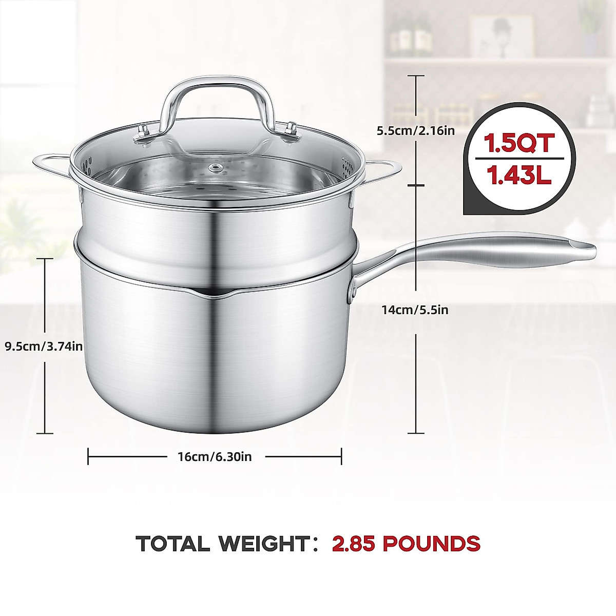 Buttermelt 1.5 Quart Stainless Steel Saucepan with Steamer Basket, Tri-ply Full Body, Multipurpose Sauce Pot with Two-Size Drainage Holes Lid, Perfect For Boiling Gravies, Pasta, Noodles