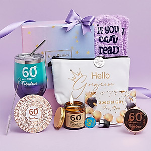 SKYHUG 60th Birthday Gifts for Women, Birthday Gifts Ideas Box forHer Include Mug Gift Cards Socks Straw Candle Bottle Opener Coaster Stopper and Brush - Ideal Birthday Gift Box for Mom (60th)
